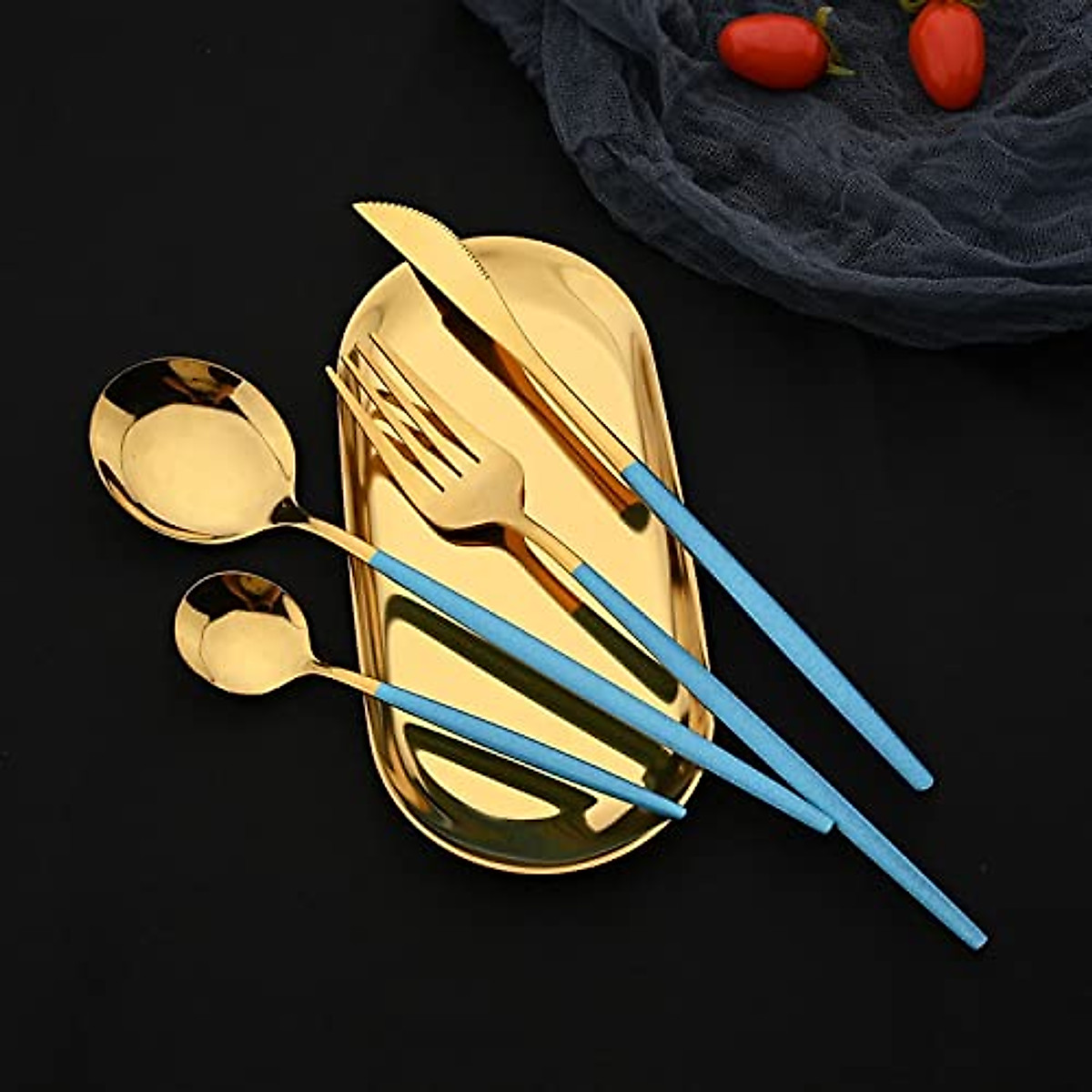 Uk_18_knife 24Pcs Rainbow Flatware Set Dinnerware Cutlery Set Stainless Steel Restaurant Silverware Tableware Steak (Color : Red Gold)