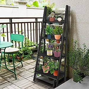 Babion Ladder Shelf Bookcase, 4-Tier Wooden Freestanding Plant Shelf Bookshelf Display Shelf, for Office, Balcony, Living Room - Black
