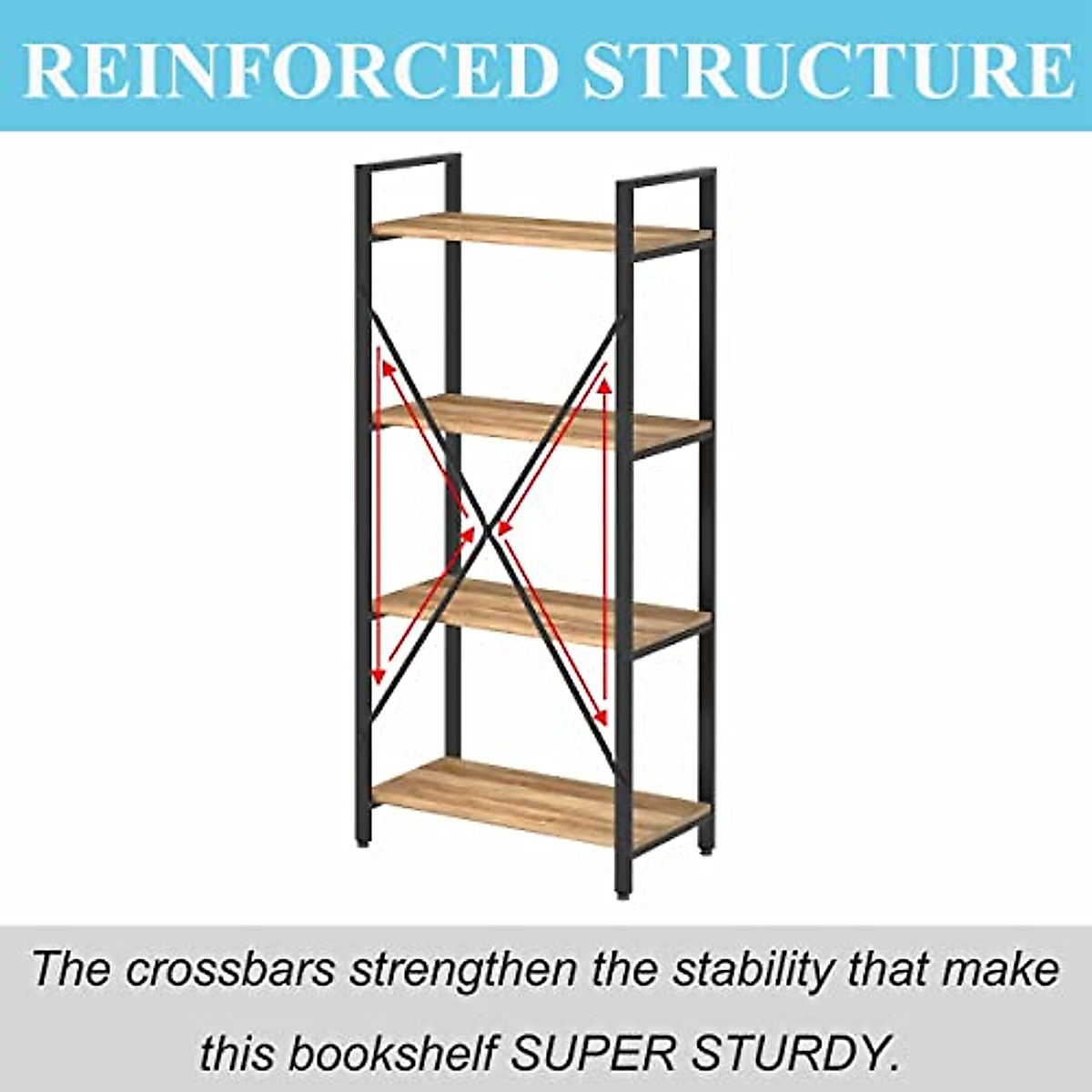 BON AUGURE Industrial 4 Tier Bookshelf, Modern Open Etagere Bookcase, Heavy Duty Book Shelves, Wood Metal Shelving Unit for Living Room, Bedroom and Office (Vintage Oak)