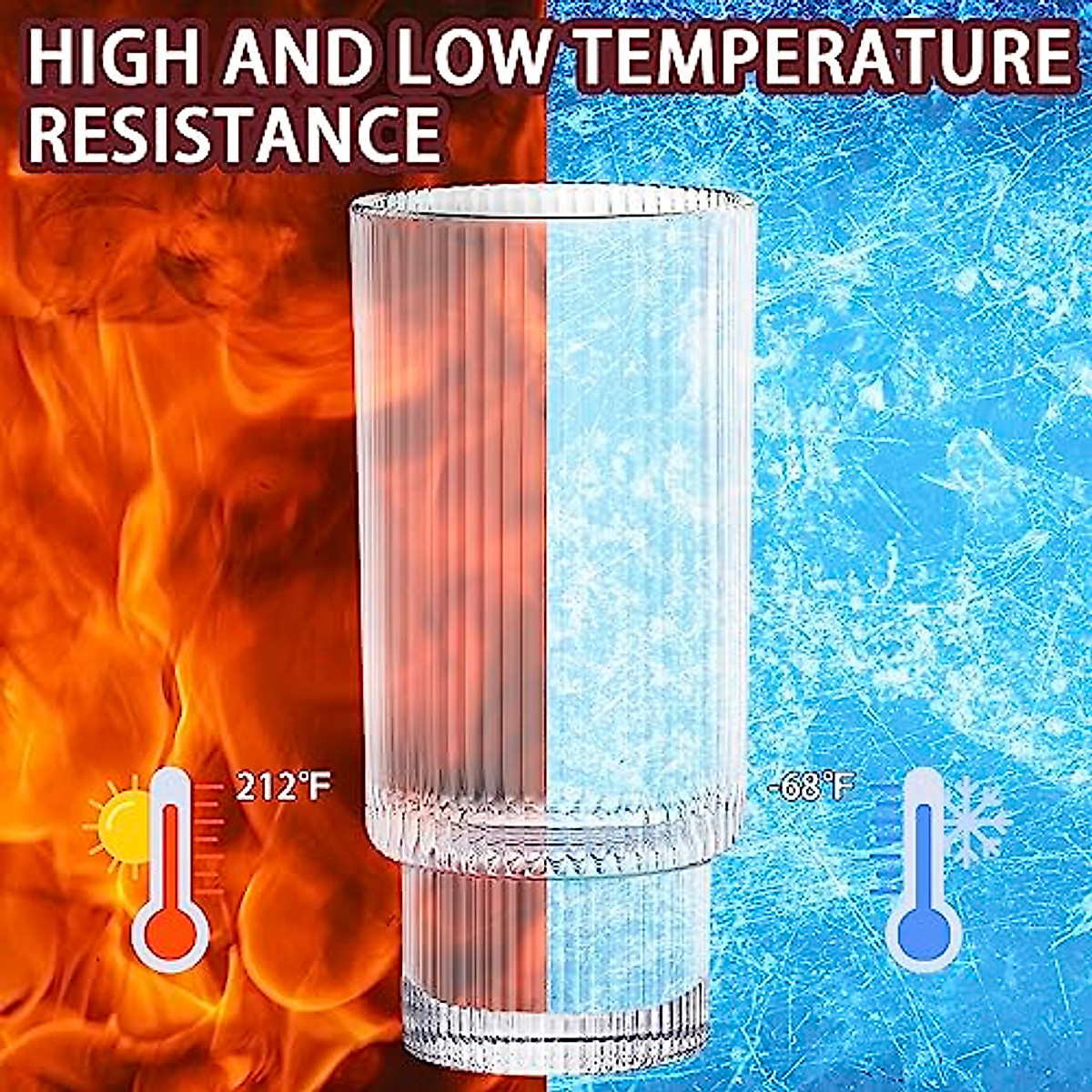 16oz Ribbed Drinking Glasses Set of 8, Clear Reusable Ribbed Glassware, Iced Coffee Cup, Cocktail Can Beer Glasses Cups with Straws, Vintage Wine Boba Tea Water Glass Tumbler, Cute House Warming Gifts