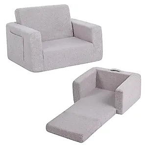Tiita Kids Sofa, 2-in-1 Kids Sofa Chair, Convertible Children Couch to Lounger, Flip Out Kids Sofa Chair, Toddler Armrest Chair Bed, Folding Kids Play Sofa for Girl or Boy (Grey)