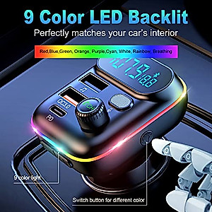 VR robot Upgraded Bluetooth FM Transmitter for Car, Wireless Bluetooth 5.0 FM Car Adapter with Dual USB Ports,Support 20W PD+QC3.0 Fast Charger, Stronger Microphone,7 Colors LED Backlit