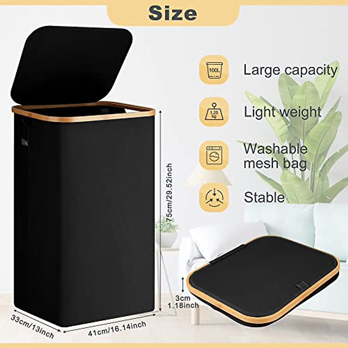 Bellzacasa Laundry Hamper with Lid, Black 100L Large Washing Basket for Laundry with Handles Laundry Basket for Bedroom Bamboo Bathroom Bin