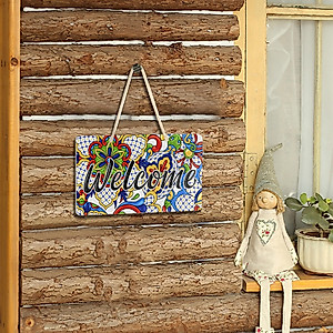 xigua Hanging Plaque Welcome Sign with String, Gate Wall Sign for Front Door Porch Garden Farmhouse Home Bar Cafe Doors Decor, Mexican Talavera Ceramic