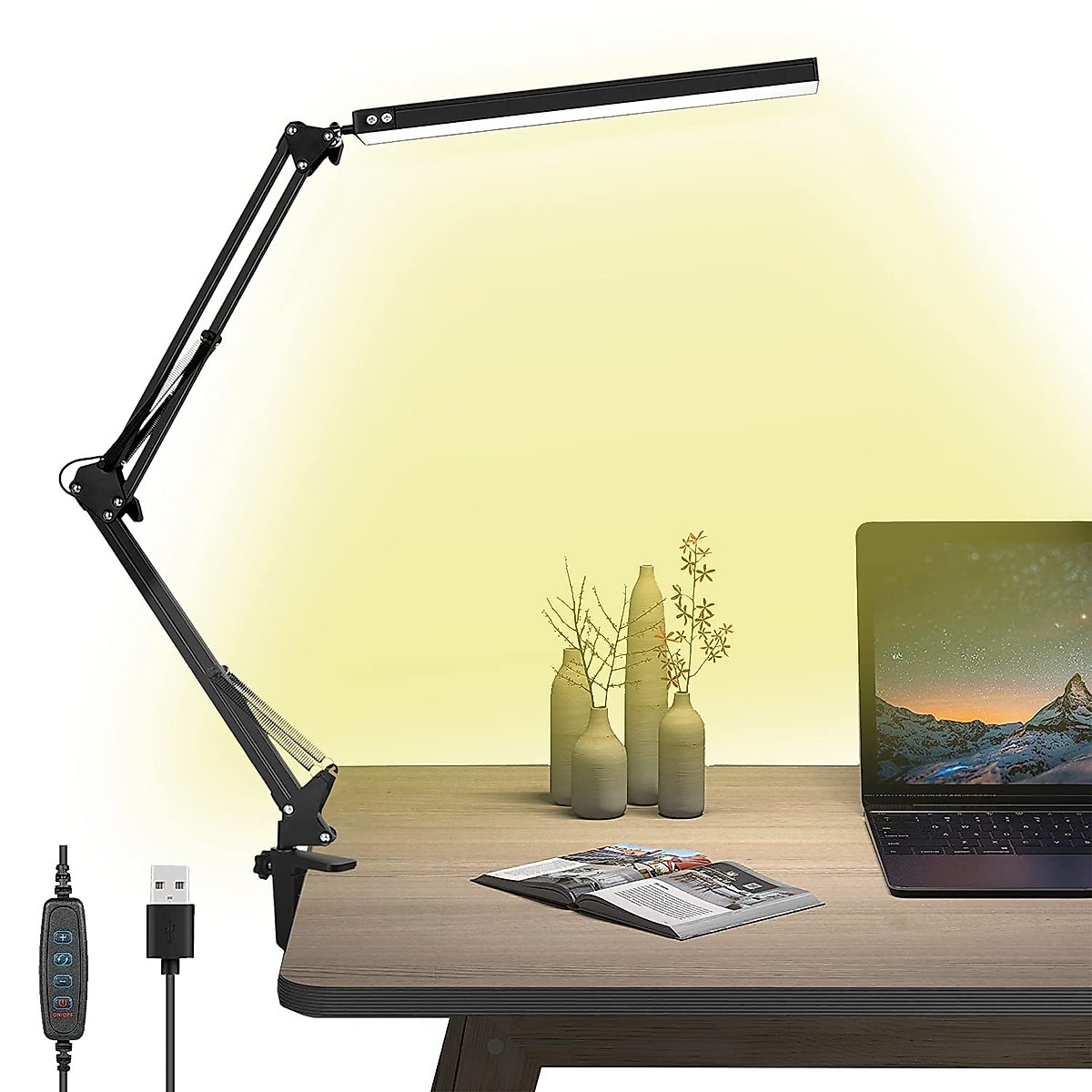 LED Desk Lamp, Swing Arm Desk Lamps with Clamp, Eye-Care Architect Desk Lights, 3 Color Modes & 10 Adjustable Brightness Levels, Table Lamps with Memory Function, Desk Lamp for Home Office(Black)