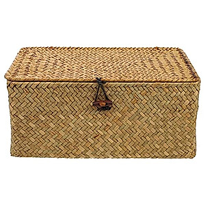 Woven Storage Basket Woven Wicker Storage Bins with Lid Seagrass Shelf Basket Rectangular Rattan Storage Basket Makeup Organizer Box for Toilet Paper Laundry Kids Snack Containers