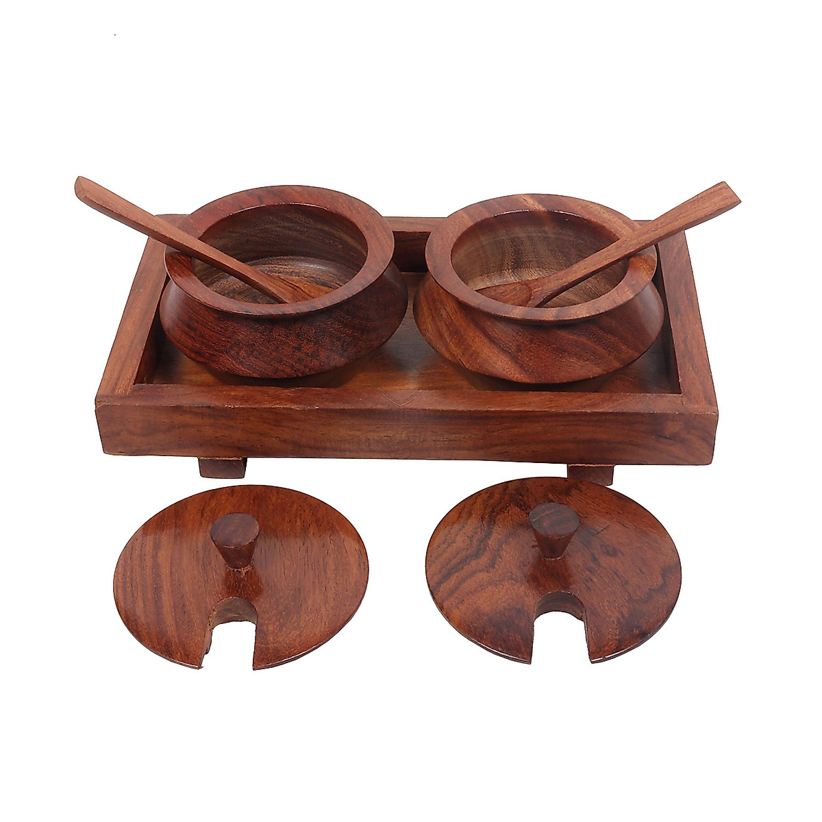 Creation India Craft Wooden Jar Set with Tray and Spoon, 50 ml, 2-Pieces,Indian Rosewood, Refreshner Box Table Top for Dinning Table