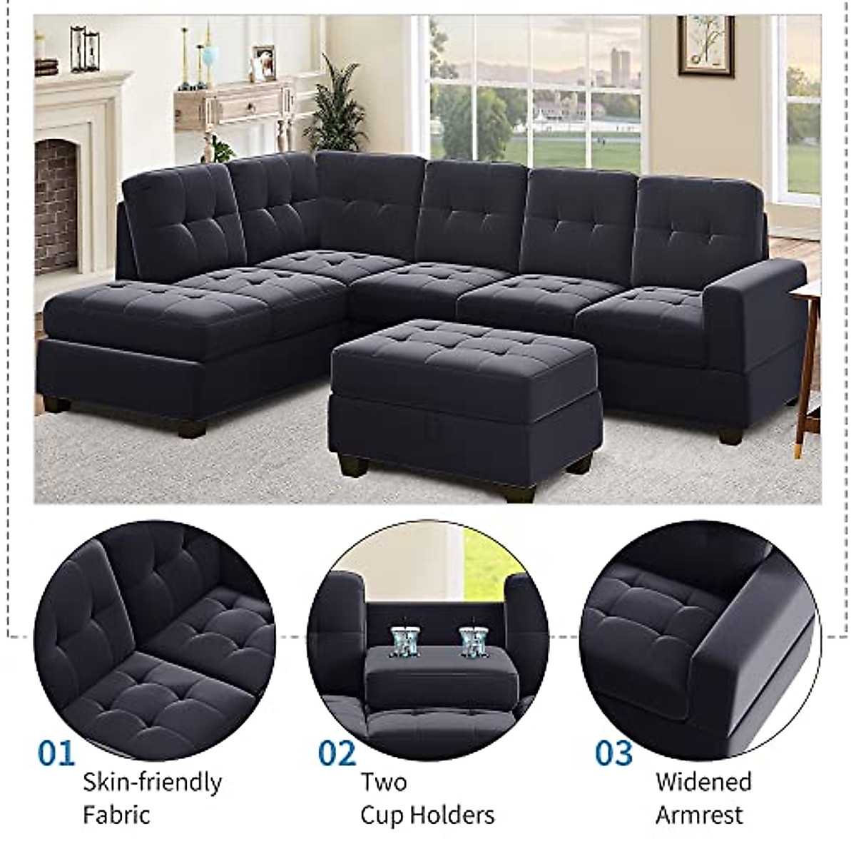FANYE L-Shaped Oversized Corner Reversible Sectional Sofa Couch W/Chaise & Storage Ottoman,Modern 6 Seaters Velvet Upholstery Sofa&Couch with Cupholders for Home Office Apartment Living Room