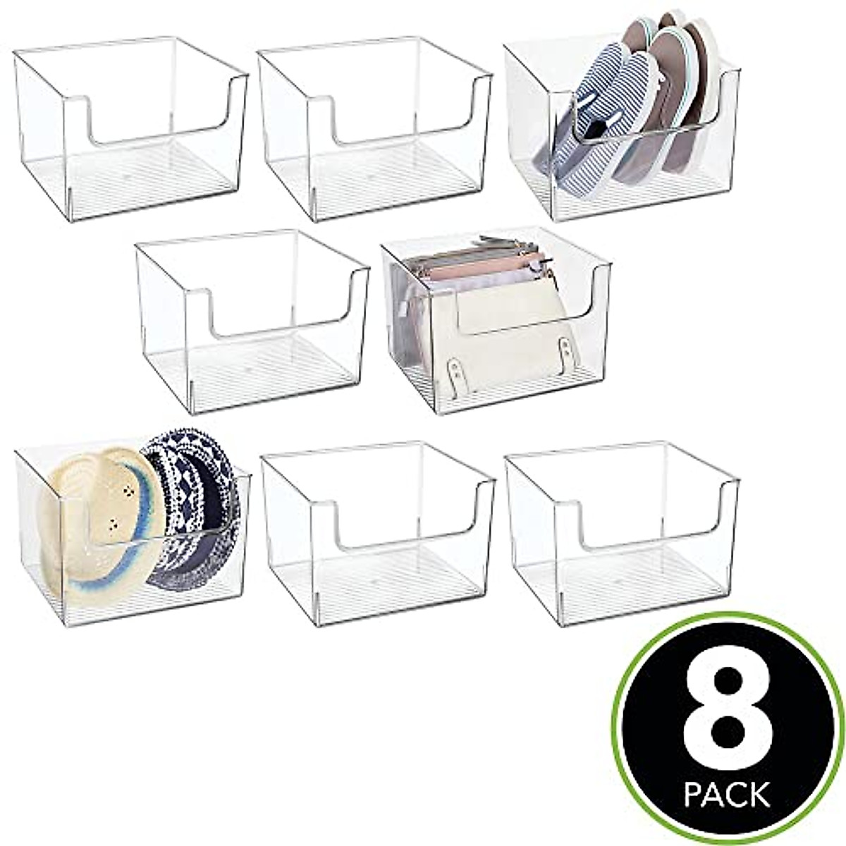 mDesign Modern Plastic Open Front Dip Storage Organizer Bin Basket for Closet Organization - Shelf, Cubby, Cabinet, and Cupboard Organizing Decor - Ligne Collection - 8 Pack - Clear