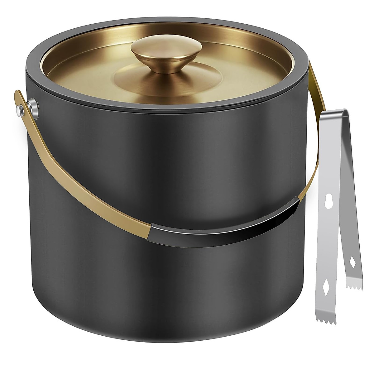 3.2L Modern Insulated Ice Bucket with Silicone Lid, Tongs, Strainer, Double Wall Stainless Steel Ice Bucket for Parties & Cocktail Bar,Ideal for Gift