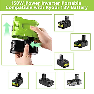 UNIKI 150W Powered Inverter Generator for Ryobi 18V Lithium Battery,for ryobi Battery Inverter Power Station with 2-USB&AC 110V-120v,200LM LED Light, USB Cable