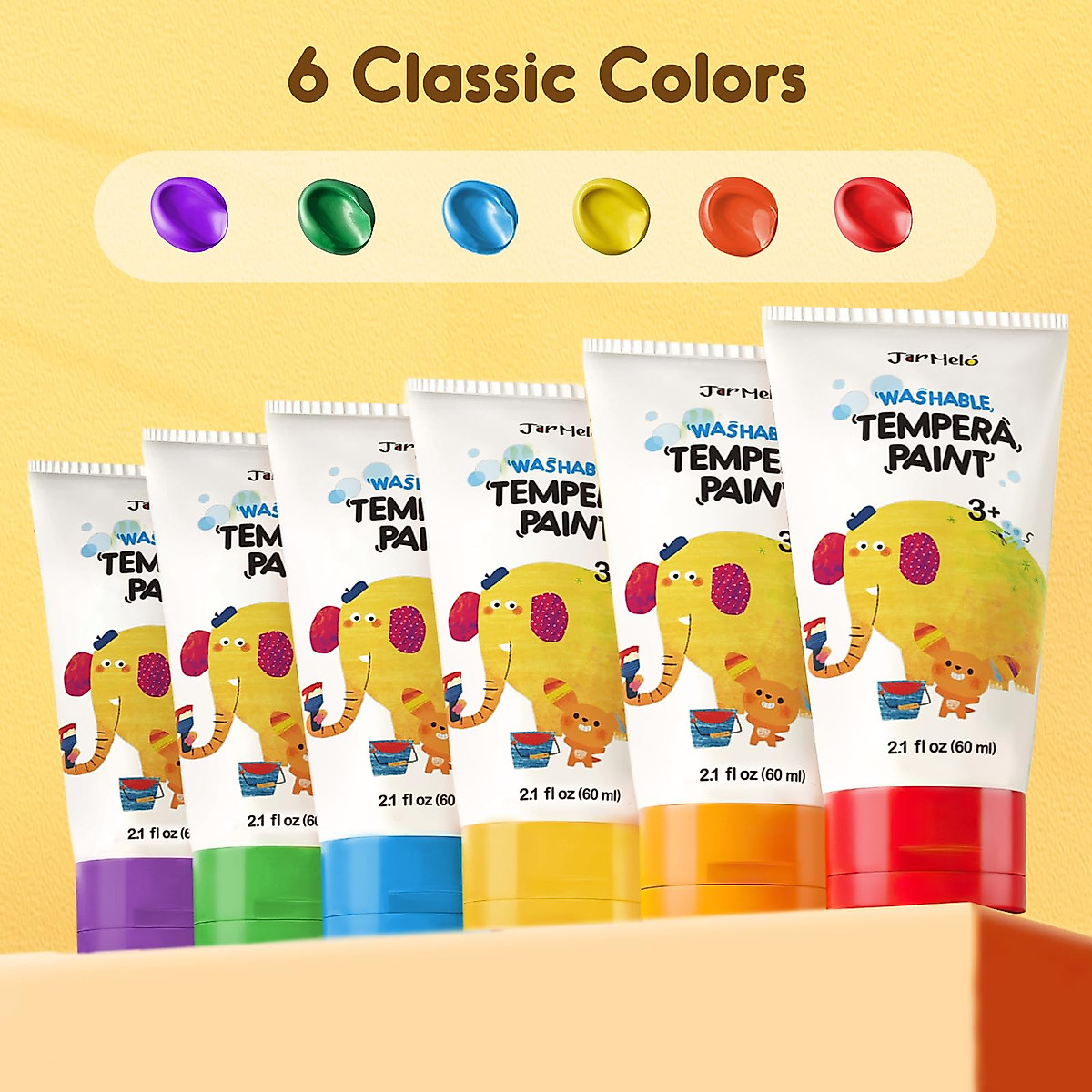 Jar Melo Washable Tempera Paint for Toddlers 3 4 5 6 7 8+ Age Activity, 6 Color 2.1fl oz Non Toxic Kids Paint for Finger Painting School Classroom Art Supplies Craft Projects Birthday Christmas Gift
