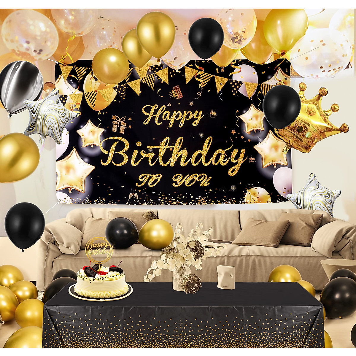 KATBUU Gold and Black Birthday Decorations - with Happy Birthday Banner, Gold and Black Balloons Arch Garland for Mens Women Girls Sweet 16th 21st 30th 40th 50th Birthday Party Decor Supplies