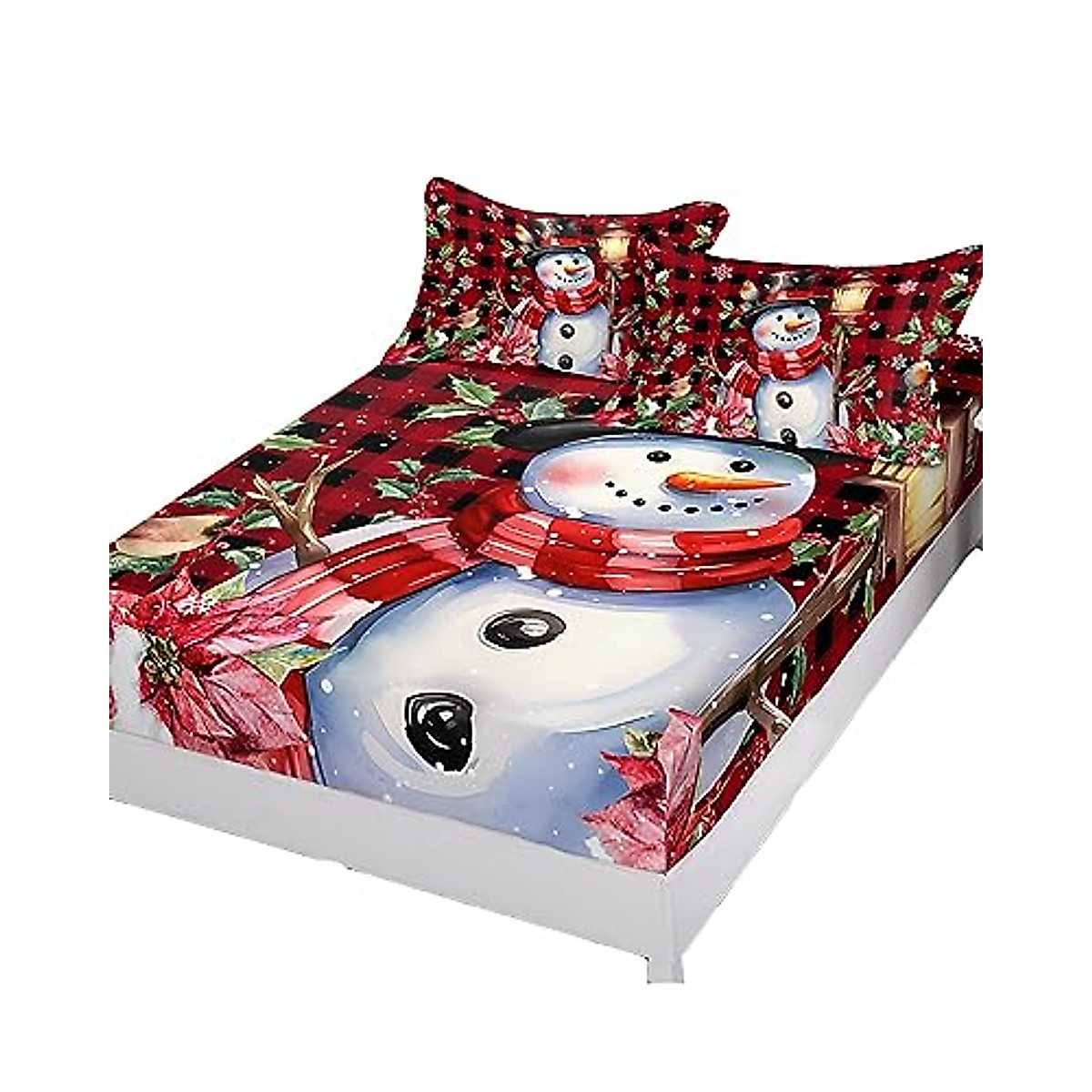 Full Size Fitted Sheet Bed Set Christmas Snowman Poinsettia Floral Deep Pocket Soft Bottom Sheets&Pillowcases for Bedroom Decor Black and Red Buffalo Plaid,Fits Mattress Up to 16" Deep