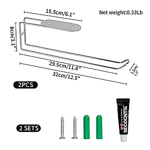 Paper Towel Holder Under Cabinet, H-SPACE 2 Pack Wall Mount Paper Towel for Kitchen, Self-Adhesive and Drilling Paper Towel Bar, Paper Towel Rack, SUS201 Stainless Steel 12.6 inch, Silver