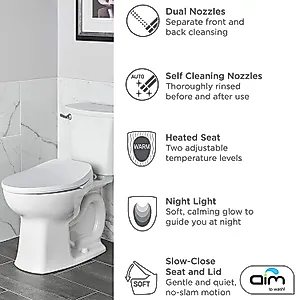 Smart Toilet Seat - Electronic Bidet Seat - Hot Water Bidet Toilet - Night Light - Tankless - Air Dryer