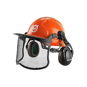 Husqvarna 592752601 Chainsaw Helmet with Metal Mesh Face Shield, Adjustable Ear Muffs for Hearing Protection, and Sun Peak, HDPE Forestry Helmet Shell, Orange