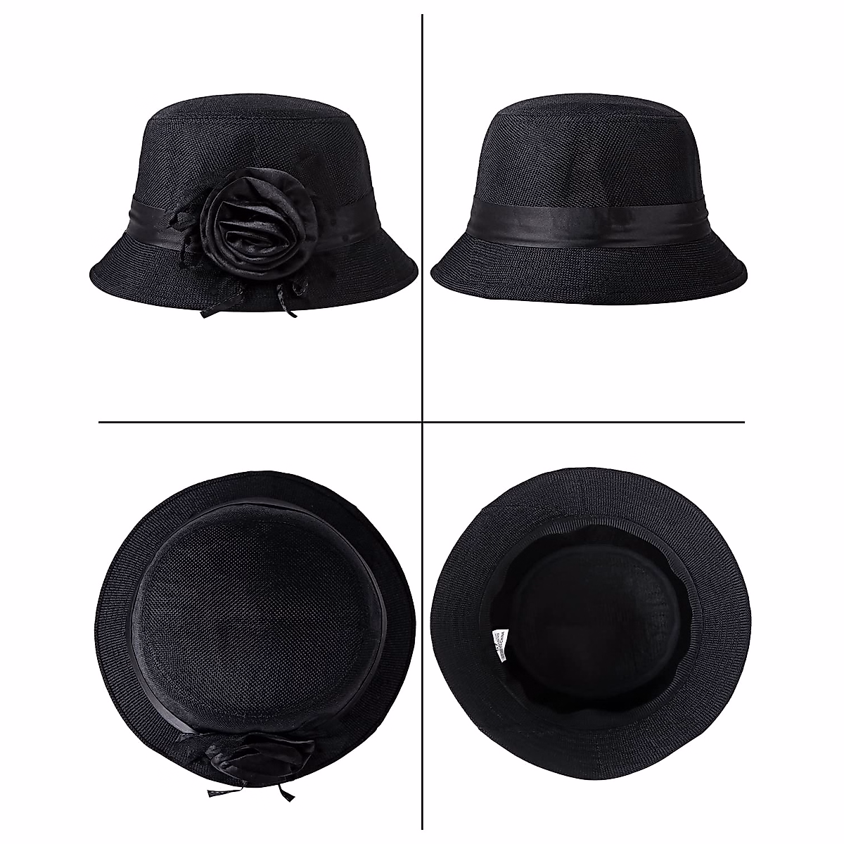 CROWN GUIDE 1920s Gatsby Church Cloche Derby Hats for Women Ladies Bow Bucket Wedding Bowler Hats Tea Party Black