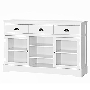 FOTOSOK Modern Buffet Sideboard Cabinet with 2 Glass Door, 3 Drawers and Adjustable Shelves, Kitchen Cupboard Console Table Coffee Bar Cabinet for Dining / Living Room