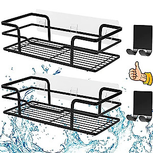 Shower Caddy Adhesive Basket Shelf Drill-Free Kitchen or Bathroom Organizer - Black Basket Shelves Hooks for Washroom Accessories Adhesive Stainless Steel Shampoo Holder, Kitchen Shelf Rack 2 Pck