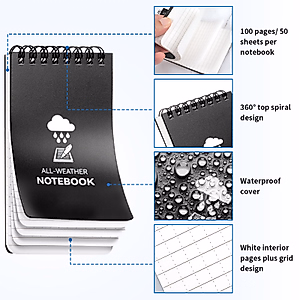 COIDEA Waterproof Notebook, Top-Spiral Pocket Notepad, 3" x 5" Weatherproof NotePad, All Weather Police Pocket Notebook Little Memo Steno Note Pads for Outdoor Office School Recording, Black
