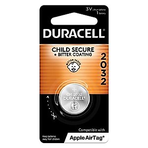 Duracell 2032 Lithium Battery. 1 Count Pack. Child Safety Features. Compatible with Apple AirTag, Key Fob, and other devices. CR2032 Battery Lithium Coin Battery. CR Lithium 3V Cell