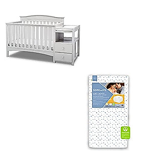 Delta Children Birkley Convertible Crib N Changer, Bianca White + Simmons Kids Quiet Nights Dual Sided Crib and Toddler Mattress (Bundle)