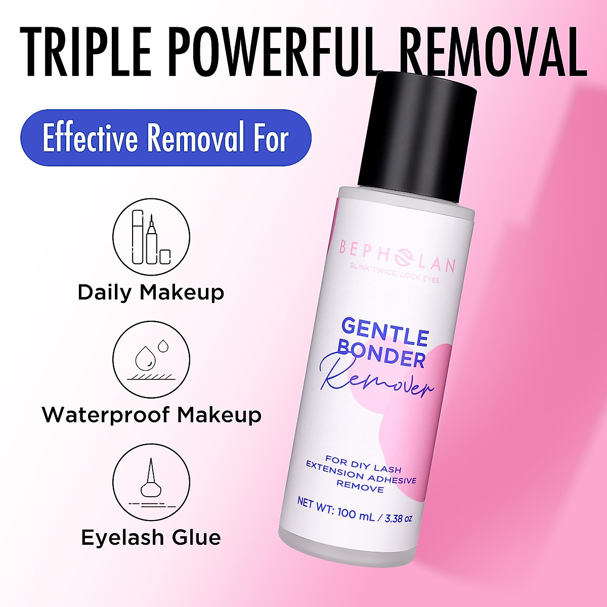 BEPHOLAN Cluster Lash Glue Remover 100ml, DIY Eyelash Extension Remover, Bond & Seal Adhesive Professional & Self Use, for Sensitive Eyes, Eye Makeup & Mascara Remover