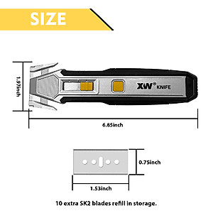 XW Heavy Duty Scraper Utility Knife with Safety Box Cutter, 2-in-1 Tool with 10 Spare SK2 Blades in Storage