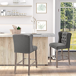 HOMCOM Counter Height Bar Stools Set of 2, Upholstered 26.75" Seat Height Barstools, Breakfast Chairs with Nailhead-Trim & Tufted Back, Wood Legs, Deep Grey