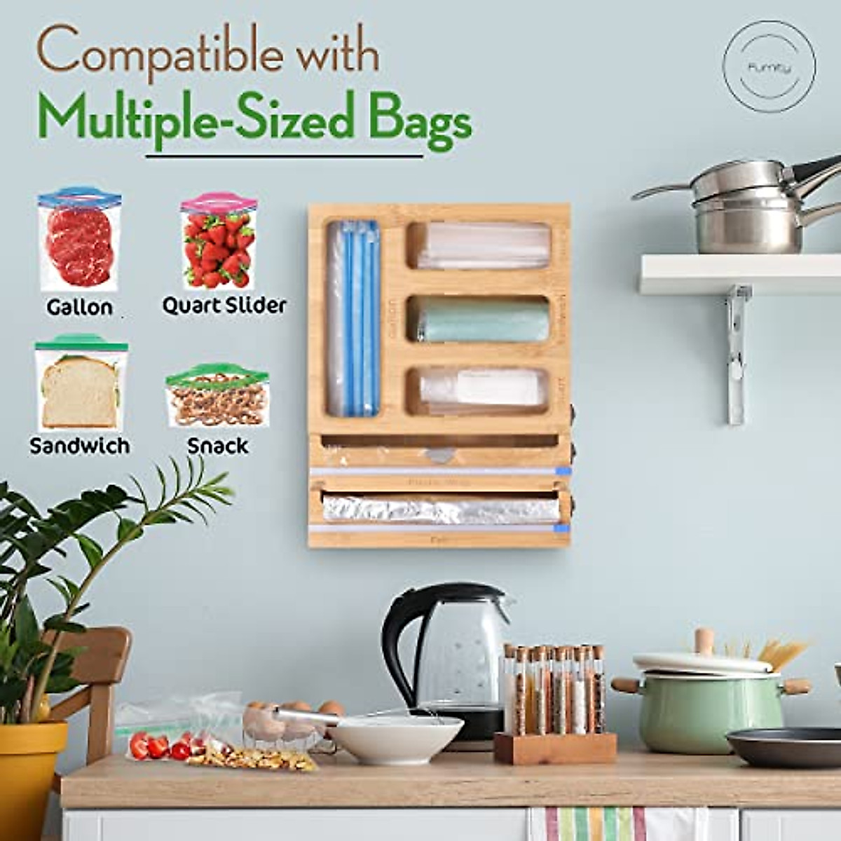 Furnity 6 in 1 Bamboo Ziplock Bag Organizer with Wrap Dispenser and Foil Dispenser, Baggie Organizer, 3 Layer Bamboo Plastic Bag Organizer, Fits Quart, Gallon, Snack, Sandwich Bags