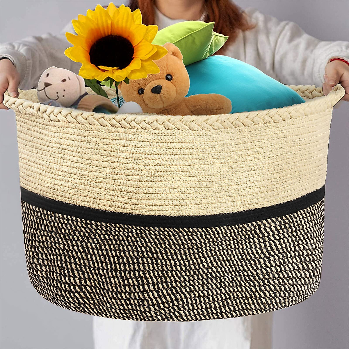 XUELAN Woven XXX-Large Cotton Rope Basket Blanket Basket Baby Laundry Basket Toy Storage Basket Decorative Basket Nursery Hamper Toy Chests & Organizers Plus 3 PCS Washing Mesh Bag（21''x21''x13.6''）