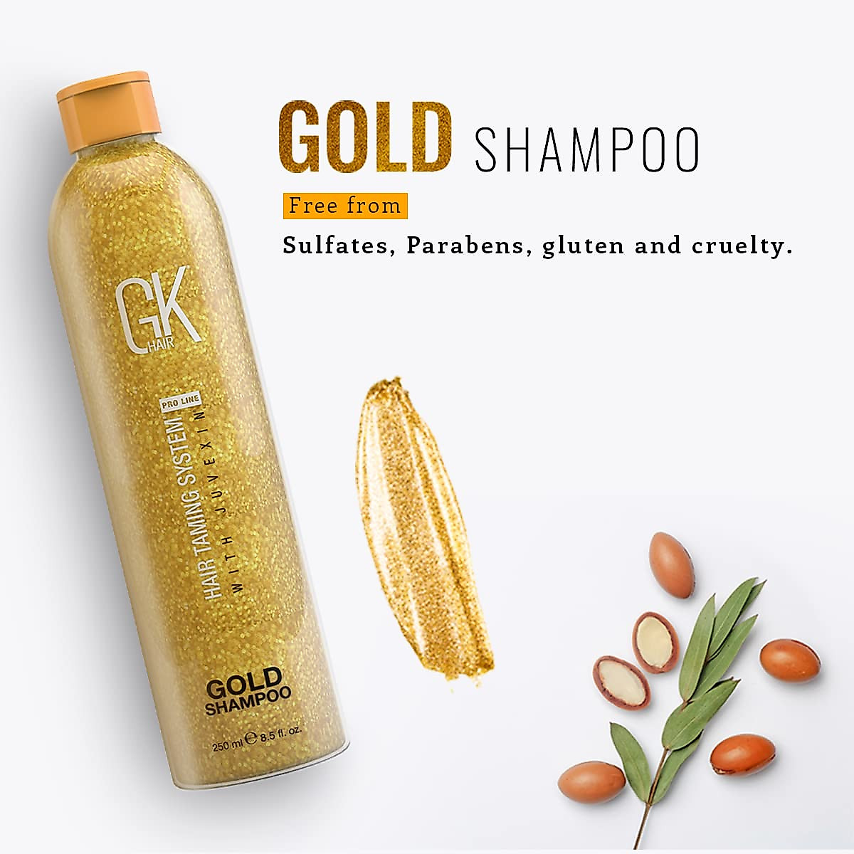 GK HAIR Global Keratin Gold Shampoo (8.5 Fl Oz/250ml) Hair Moisturizing Shine and Protection With Argan Oil, Shea Butter, Natural Oils All Hair Types