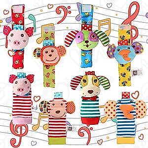 ThinkMax Wrist Foot Rattles for Baby, 8 Pcs Soft Animal Wrist Rattles and Foot Finder Socks - Elephant, Monkey, Piggy and Puppy