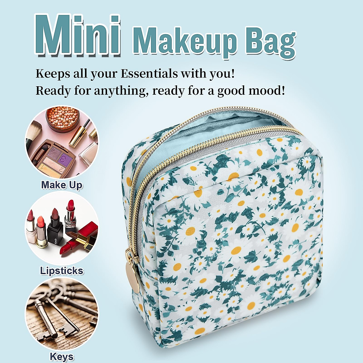 Nylon Mini Floral Makeup Bag for Purse, Small Cute Travel Makeup Bag Preppy Flower Cosmetic Zipper Pouch, Waterproof Coin Pouch Sanitary Napkin Storage Bag Make Up Organizer Set for Women(Green-Daisy)