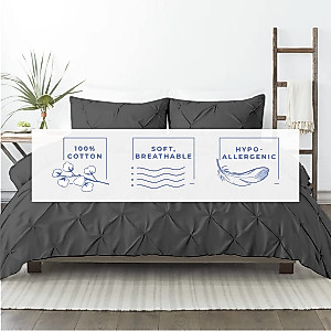 Kotton Culture 600 Thread Count Pinch Pleated 3 Piece Duvet Cover Set 100% Egyptian Cotton Breathable All Season Comforter Cover with Zipper Closure & Corner Ties (Dark Grey, King)