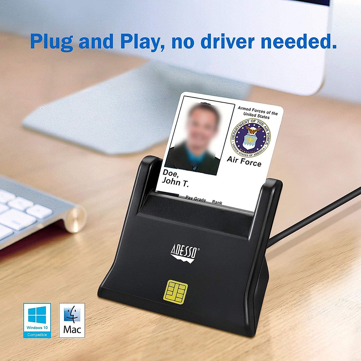 Adesso SCR-300 Desktop Smart ID Credit Card Reader CAC Card Reader Military, DOD USB Common Access CAC, Compatible with Windows, Mac OS