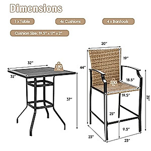 Tangkula 5 Pieces Outdoor Patio Bar Set, Rattan Bistro Set W/ 4 Wicker Bar Stools & 1 Bar Table, Heavy-Duty Steel Frame, Soft Cushions, Patio Conversation Set for Courtyard, Poolside, Garden (Beige)