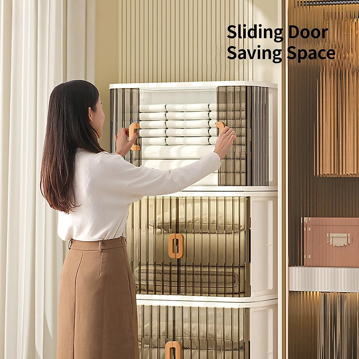 LEHOM Lidded Home Storage Bins - 9.16 Gal Stackable Closet Organizers with Lockable Doors, Plastic Collapsible Storage Container Box on Wheels for Clothing, Book, Bedding, 3 Pack