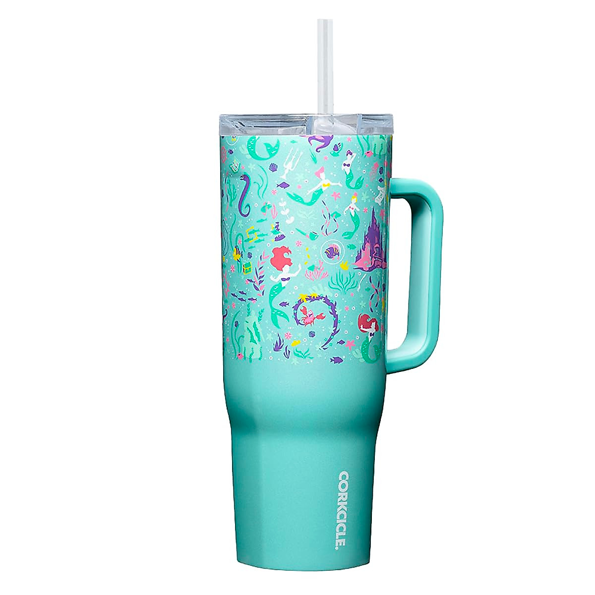 Corkcicle x Disney Princess Ariel Cruiser Insulated Tumbler with Handle & Straw - 40 oz Reusable Water Bottle Keeps Beverages Cold for 20 Hrs, Hot for 9 Hrs – Cupholder Friendly, Spill Proof Tumbler