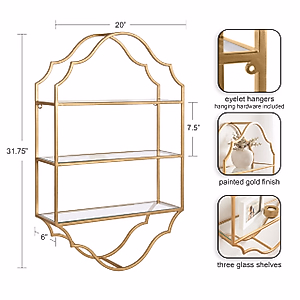 Kate and Laurel Leanna Scalloped Three-Tiered Wall Shelf, 20 x 32, Gold, Decorative Floating Shelf Storage and Wall Organizer for Bathroom Over Toilet Storage or Display