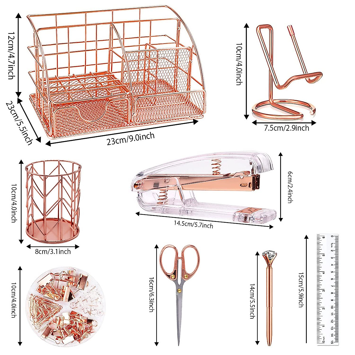 KAAKOW Rose Gold Desk Organizers and Accessories Office Supplies Set Stapler, Pen Holder, Phone Holder, Scissors, Pen, Ruler, 30 Paper Clips, 22 Binder Clip, 20 Tacks and 1000pcs Staples (Rose Gold)