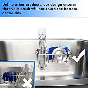 HULISEN Sponge Holder + Dish Brush Holder, 3-in-1 Kitchen Sink Caddy, 18/8 Stainless Steel Rust Proof Water Proof, Adhesive Installation No Drilling 【Not Including Sponge and Brush】