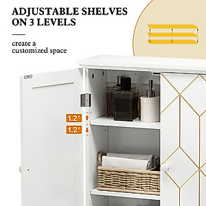 AZODY Bathroom Cabinet with Gold Trim, Wall-Mounted Bathroom Storage Cabinet with Adjustable Shelves and Side Hooks, Space Saver Medicine Cabinet for Livingroom, Laundry, Classical White