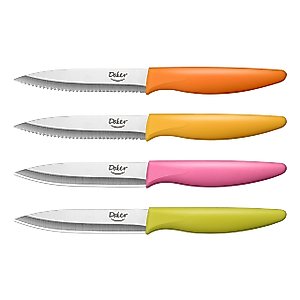 MONGSEW Paring knife set, 4PCS Paring Knives, 2-Piece Serrated Paring knife and 2-Piece Plain Paring Knife, 4.5 Inch Pairing Knives, Assorted Colors, Green/Yellow/Orange/Pink