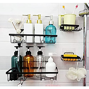 RISETEX Adhesive Shower Caddy,Bathroom Shower Organizer and Soap Dishes with Hooks,No Drilling Traceless Rustproof Bathroom Storage Wall Shower Organizer for Bathroom Toilet Kitchen RVs (Black 4)