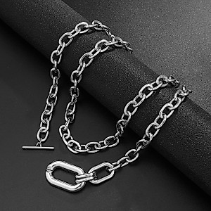 Rumtock 2pcs Silver Layered Chunky Chain Choker Necklace with Toggle Clasp Rectangle Oval Pendant Punk Jewelry for Women