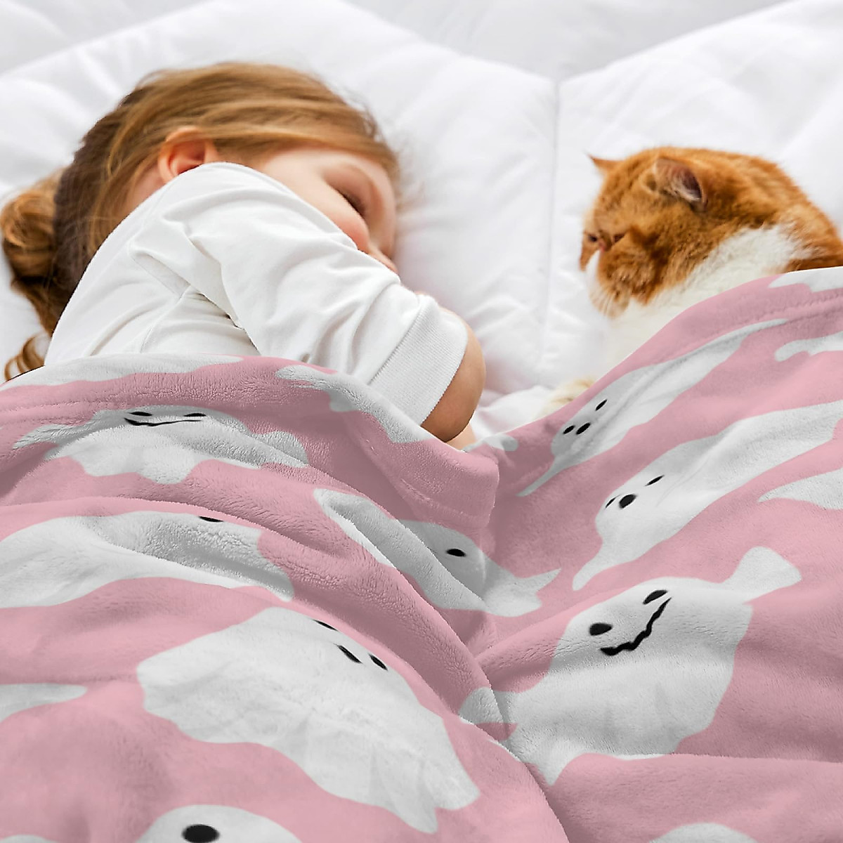 Pink Ghost Blanket for Girls Women Kids Flannel Plush Cute Throw Blanket Soft Cozy Throw Blankets for Couch Bed Sofa Pink Halloween Kawaii Living Room Decor Blankets Gifts for All Season 50x60 Inch