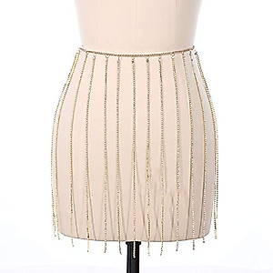 Asooll Crystal Body Chains Fashion Belly Hip Skirts Tassel Waist Chains Summer Beach Nightclub Party Body Accessories Jewelry for Women and Girls (Gold)