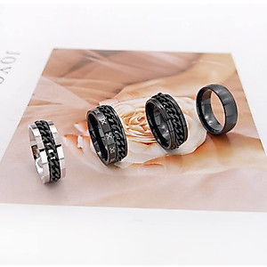 YOOESTORES82 4Pcs Band Rings for Men Stainless Steel Spinner Rings for Men Women Chain Rings Cool Black Ring Set Anxiety Ring Wedding Ring (Black+Silver, 8)
